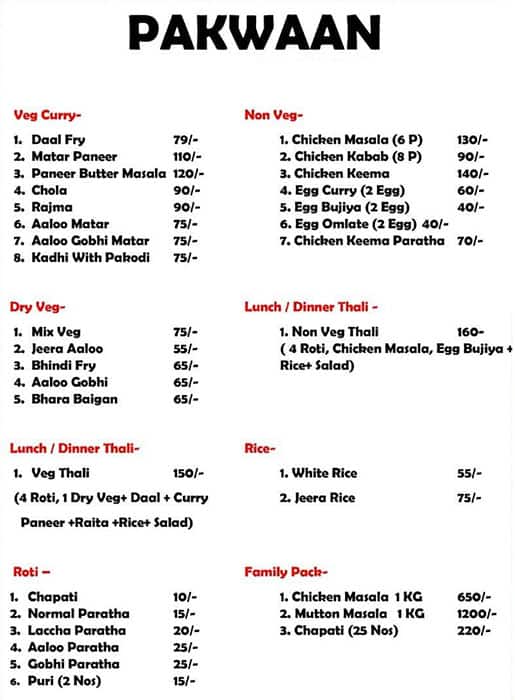 Menu of Pakwaan, Bommanahalli, Bangalore