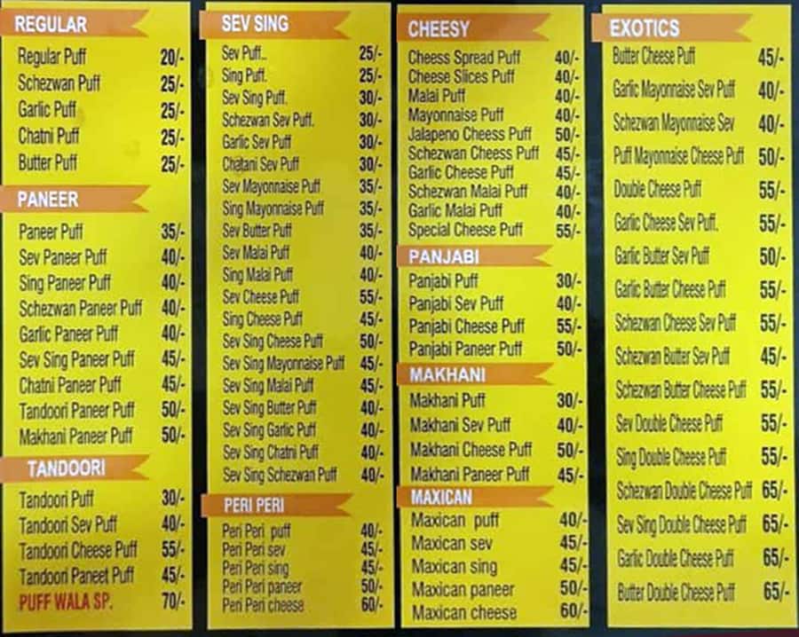 Menu of Nadiyad Puff Wala, Nikol, Ahmedabad