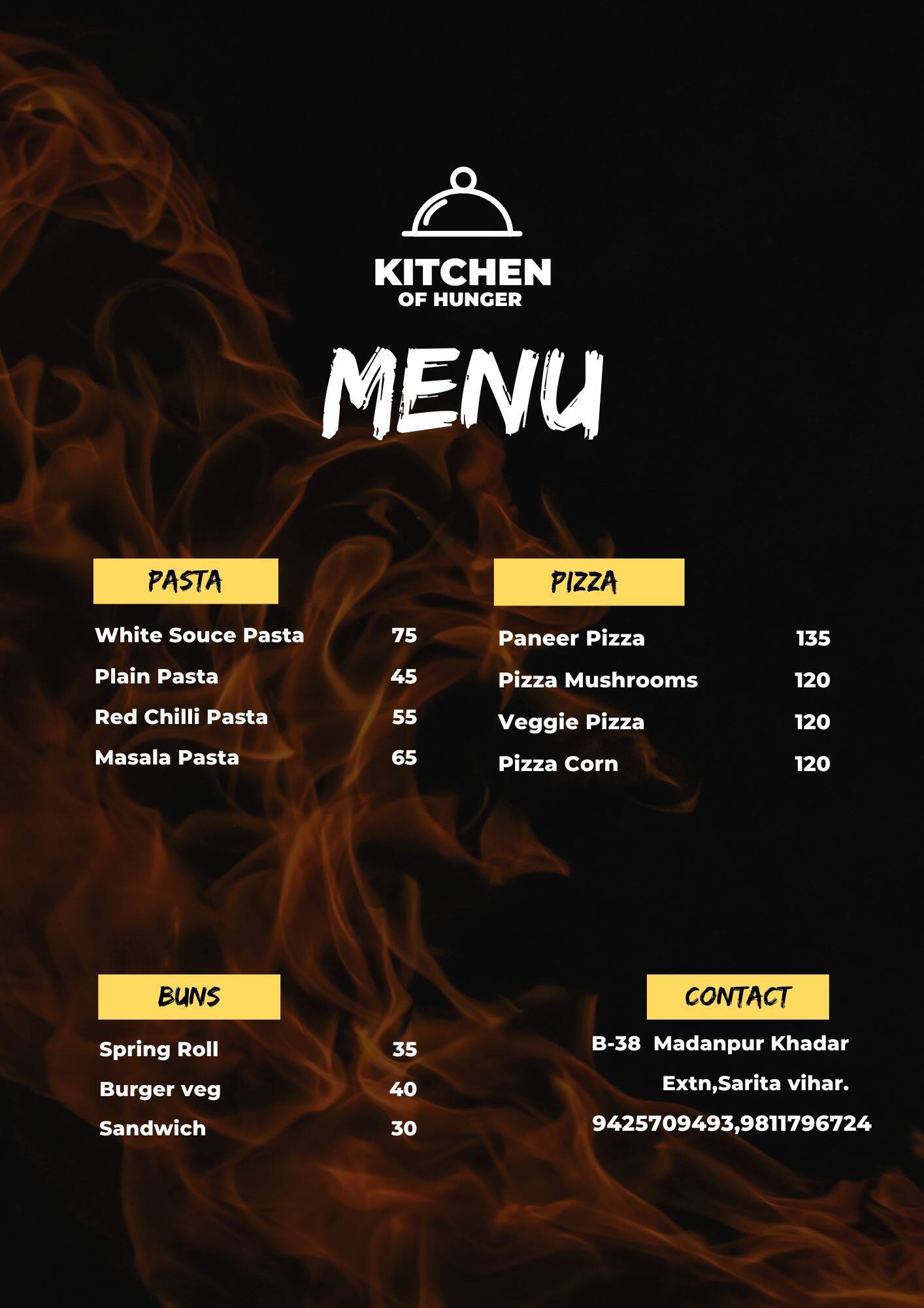 Menu of Kitchen Of Hunger, Sarita Vihar, New Delhi