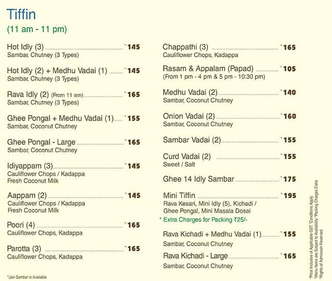 Menu of Saravana Bhavan, Saket, New Delhi
