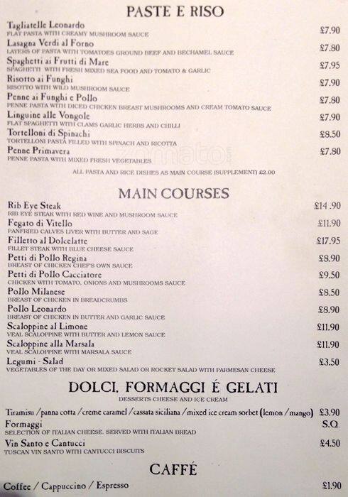 Carta de Leonardo Wine Bar, Londres