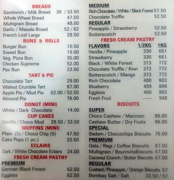 Menu at The Bakers Code, Chennai, 3/85