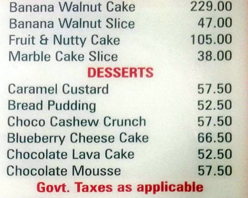 Menu at The Bakers Code, Chennai, 3/85