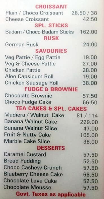 Menu at The Bakers Code, Chennai, 3/85