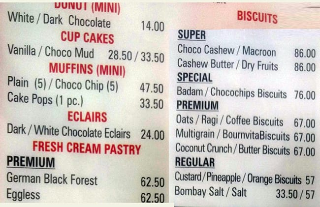 Menu at The Bakers Code, Chennai, 3/85