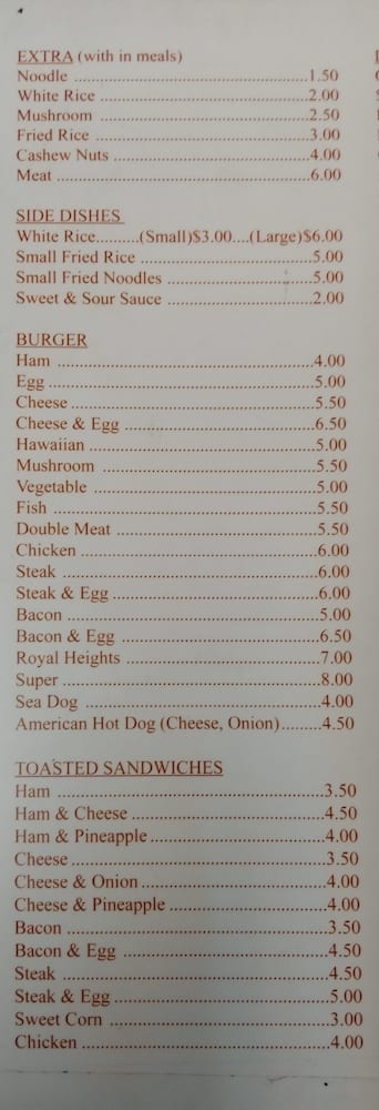 Menu at Royal Heights Takeaways restaurant, Auckland
