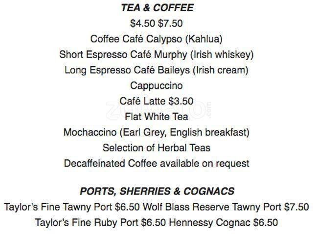 Menu at The Conservatory restaurant, Wellington