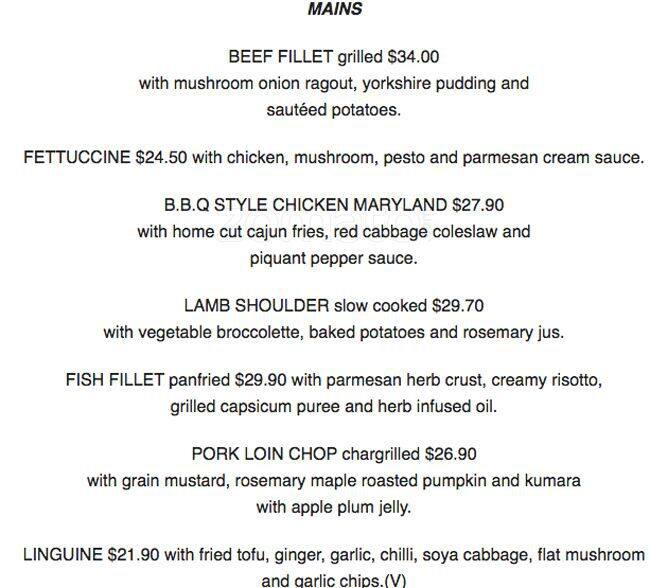 Menu at The Conservatory restaurant, Wellington