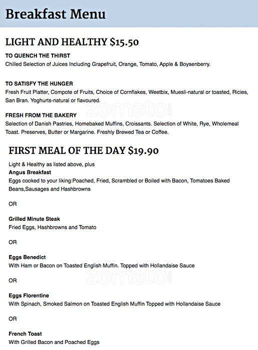 Menu at The Conservatory restaurant, Wellington