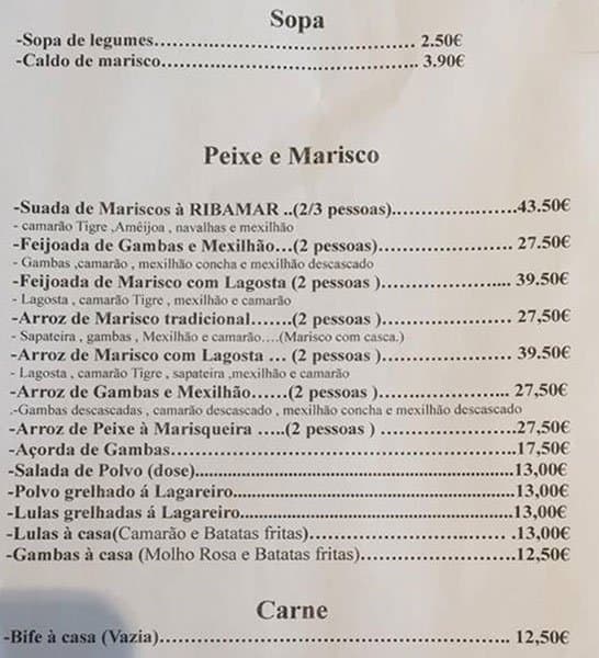 Menu em Marisqueira Ribamar restaurante, Santo Isidoro