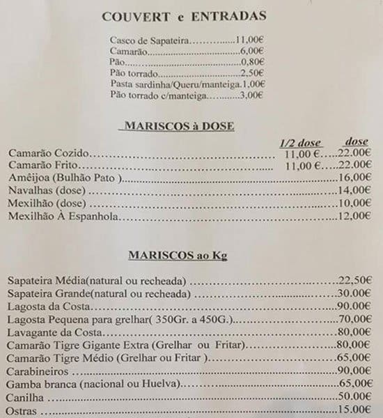 Menu em Marisqueira de Ribamar restaurante, Santo Isidoro, N247 57