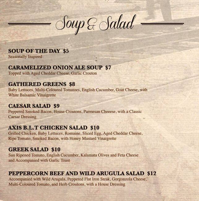 Menu at Axis Gallery & Grill pub & bar, Toronto