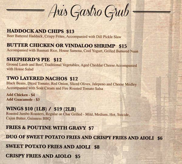 Menu at Axis Gallery & Grill pub & bar, Toronto