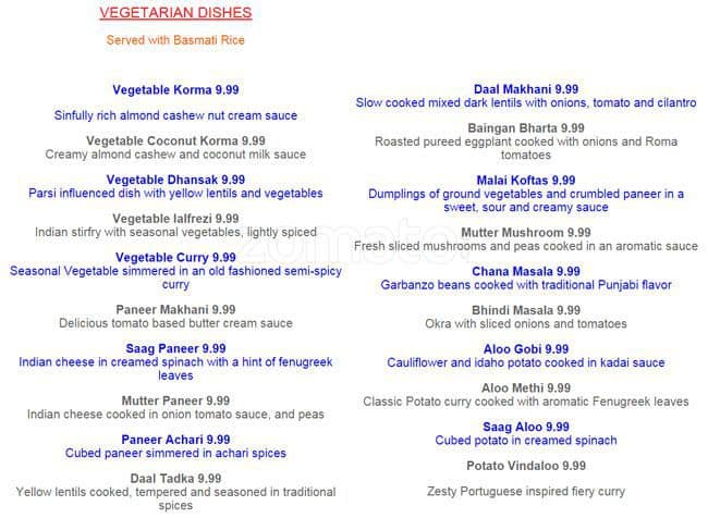 Menu at Naseeb Indian Restaurant, Sugar Land