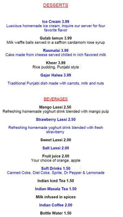 Menu at Naseeb Indian Restaurant, Sugar Land