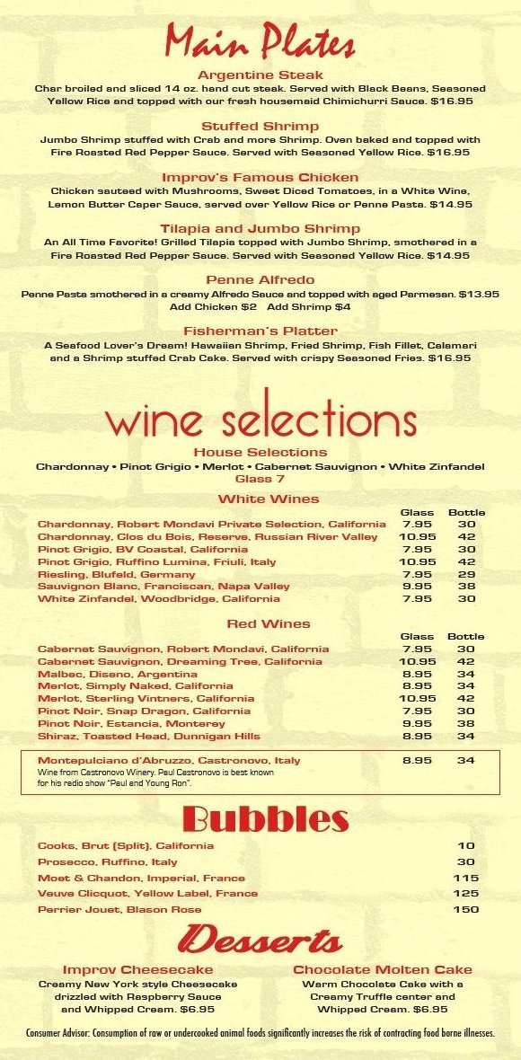 Menu at Improv Comedy Club & Dinner Theater, Hollywood