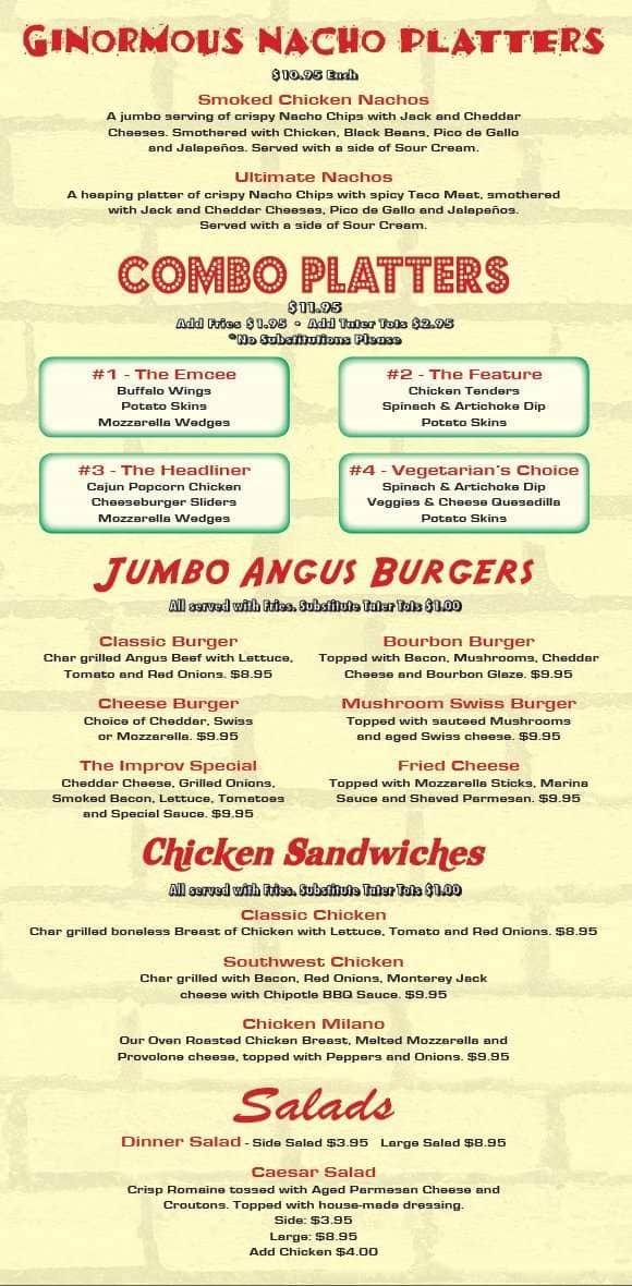 Menu at Improv Comedy Club & Dinner Theater, Hollywood