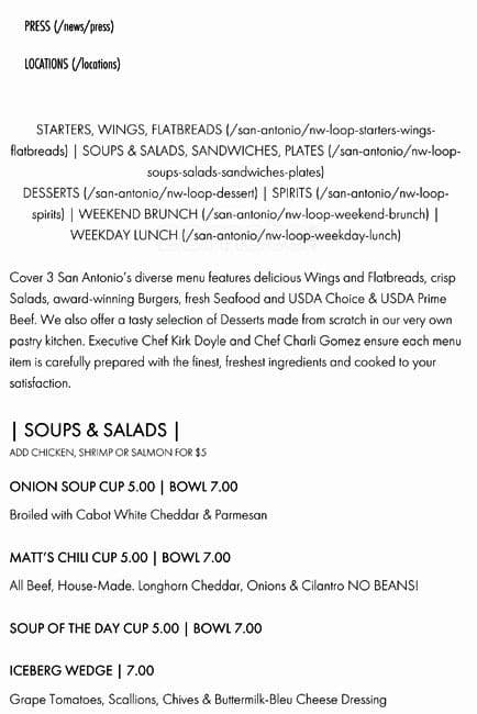 Menu at COVER 3 San Antonio pub & bar, San Antonio