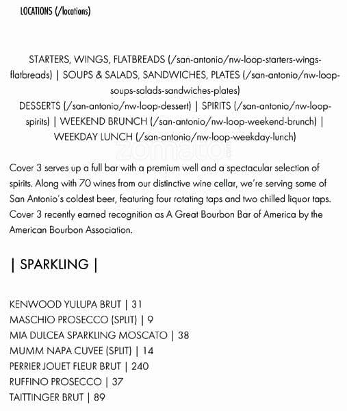 Menu at COVER 3 San Antonio pub & bar, San Antonio