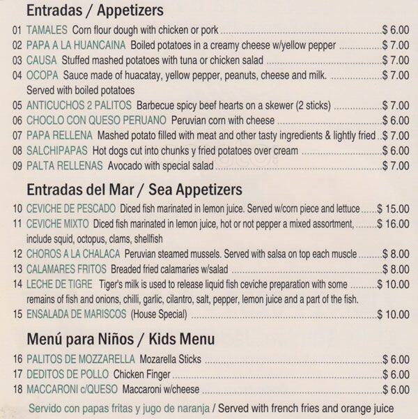 Menu at Don Alex Pollo a la Brasa restaurant, New York City