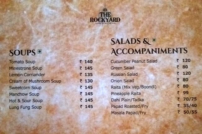 Menu of The Rockyard, Ratanada, Jodhpur
