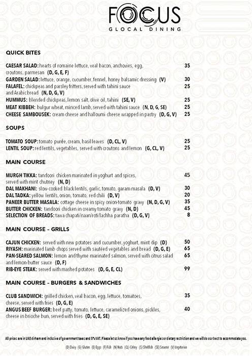Menu at Focus Bar - Hyatt Place Dubai Jumeirah, Dubai