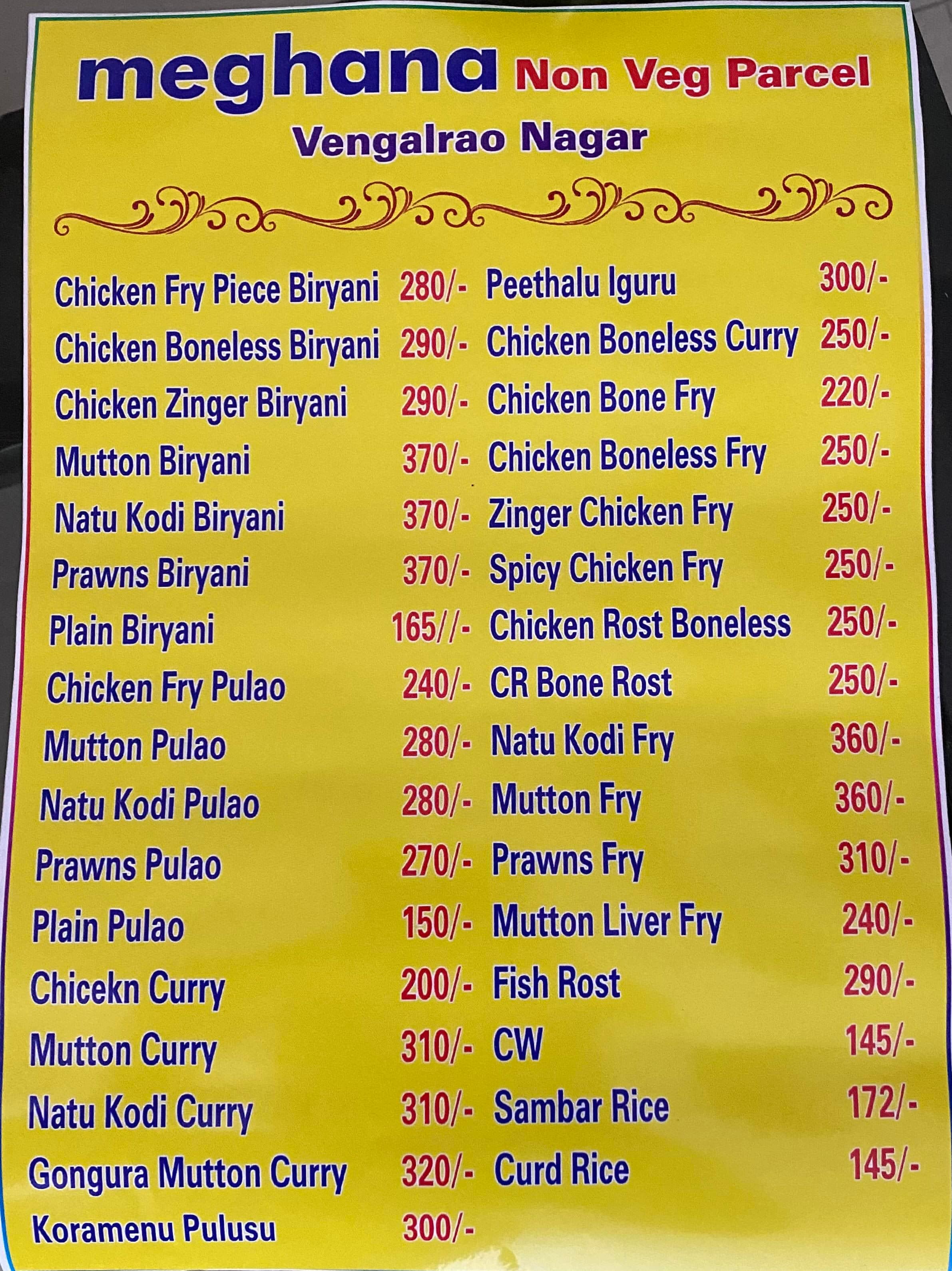 Menu of Meghana Non Veg Parcel, S R Nagar, Hyderabad
