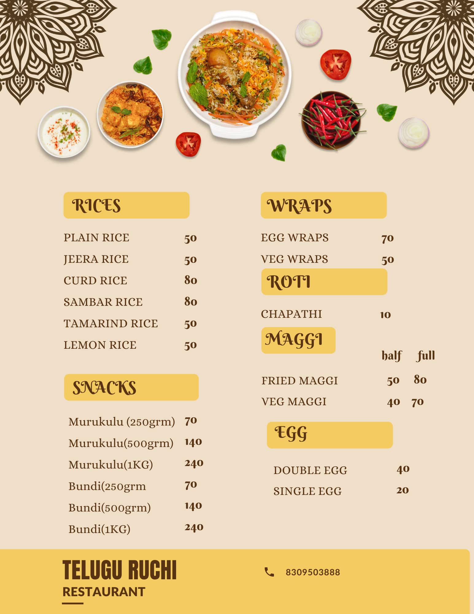 Menu at Telugu Ruchi, Hyderabad