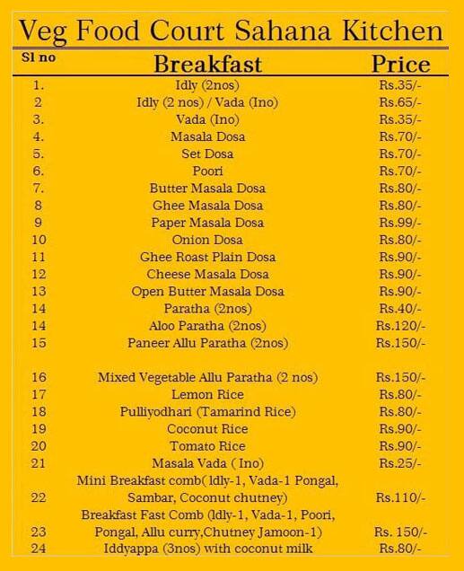 Menu of Veg Food Court Sahana Kitchen, Hennur, Bangalore