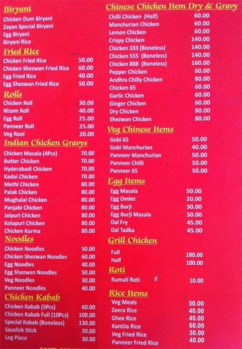 Menu at Zayan Restraurant & Kebab Centre, Bengaluru, Ragavdendra Circle