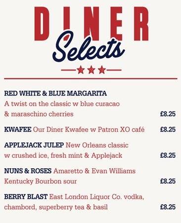 Menu at The Diner Shoreditch restaurant, London, 128-130 Curtain Rd