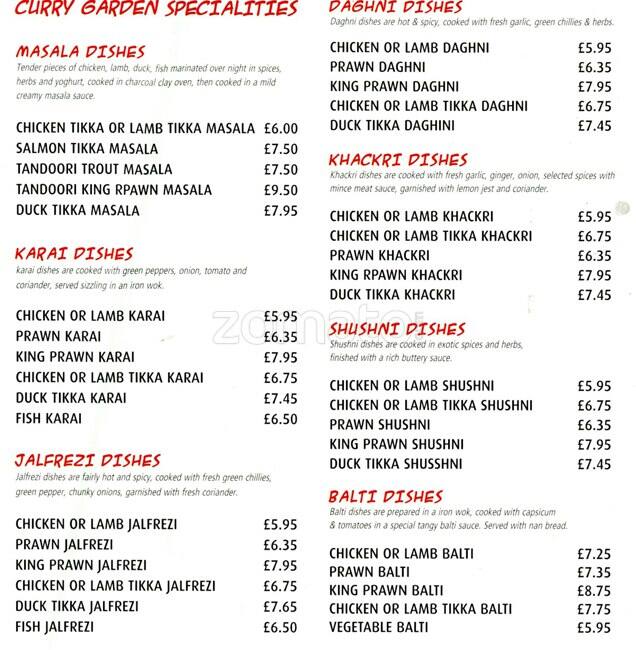 Menu at Curry Garden, London, 166 Lower Road