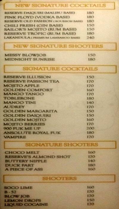 Menu at The Reserve Liquor Lounge pub & bar, Pasig