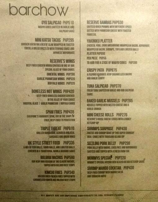 Menu at The Reserve Liquor Lounge pub & bar, Pasig
