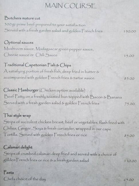 Speisekarte von Fountains Hotel restaurant, Kapstadt