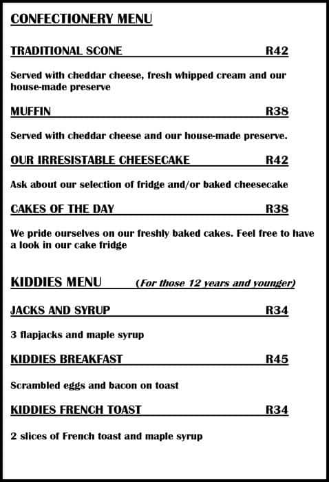 Menu at Hillcrest Restaurant, Cape Town, Hillcrest Estate