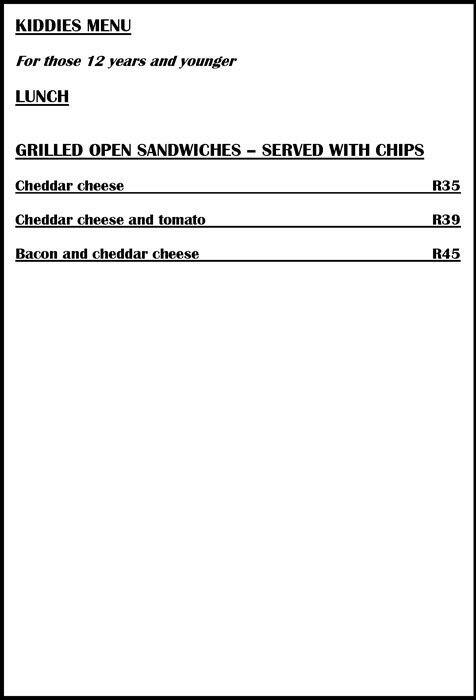 Menu at Hillcrest Restaurant, Cape Town, Hillcrest Estate