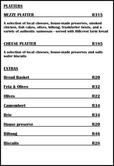 Menu at Hillcrest Restaurant, Cape Town, Hillcrest Estate