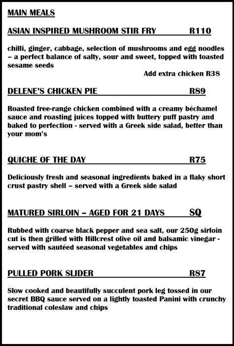 Menu at Hillcrest Restaurant, Cape Town, Hillcrest Estate