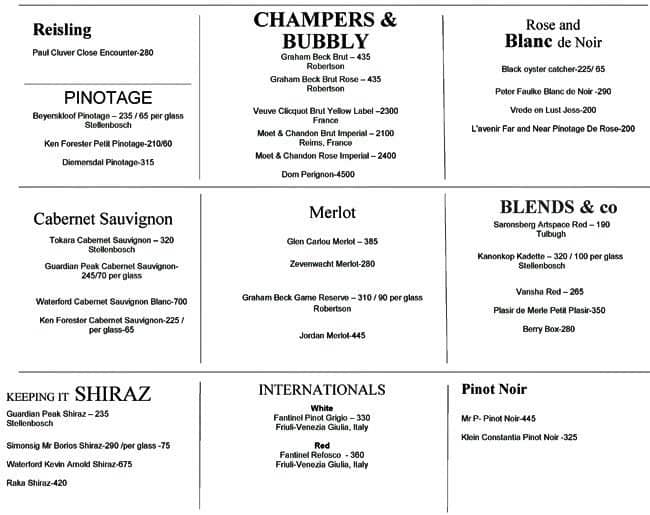 Menu at Tradewinds Restaurant, Sandton, 138 Rivonia Road