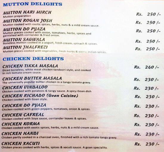 Menu at Seven Seas, Vasco da Gama