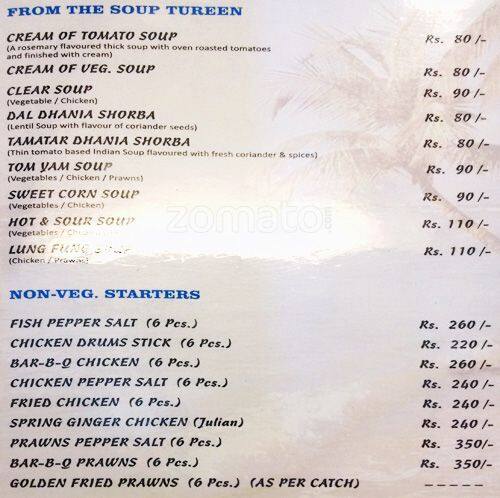 Menu at Seven Seas, Vasco da Gama