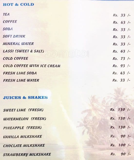 Menu at Seven Seas, Vasco da Gama