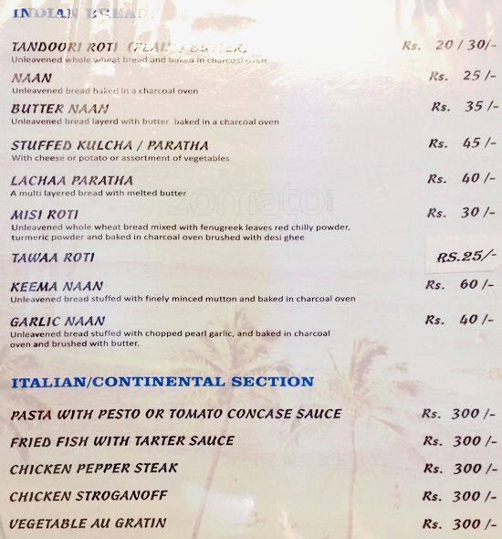 Menu at Seven Seas, Vasco da Gama