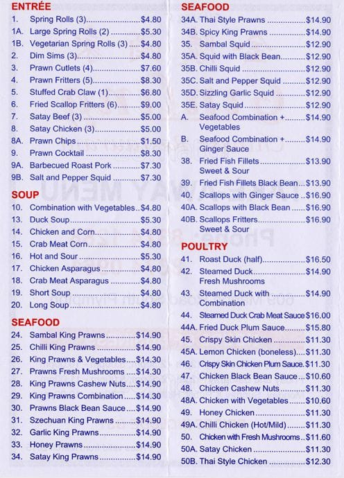 Menu at Ginling Chinese Restaurant, South Plympton