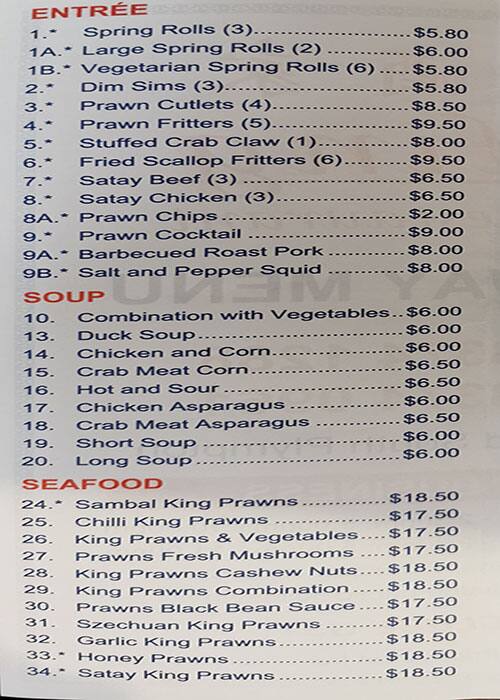 Menu at Ginling Chinese Restaurant, South Plympton