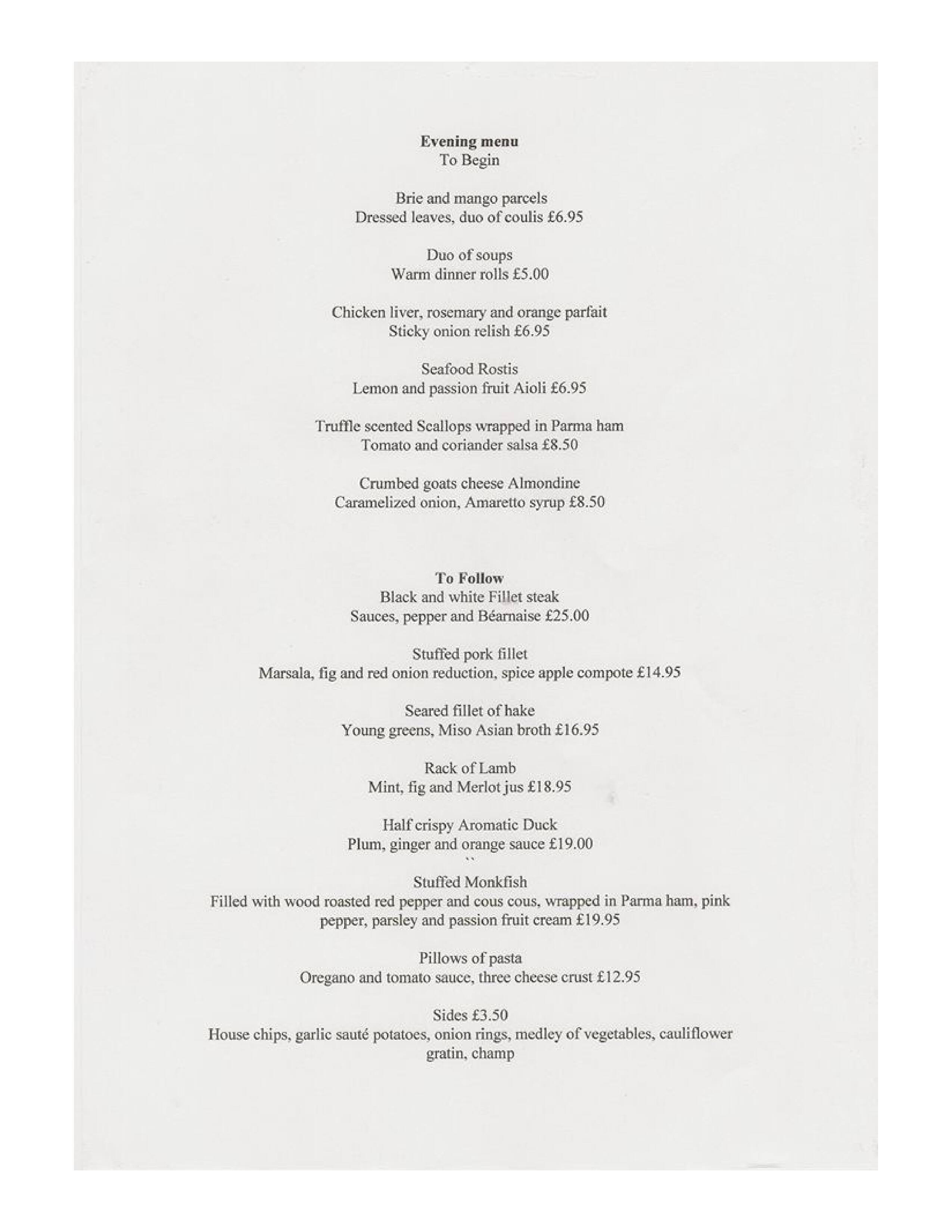 Menu at Blu Restaurant, Belfast