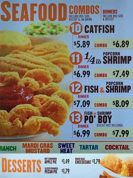 Menu at Popeye's fast food, Kent