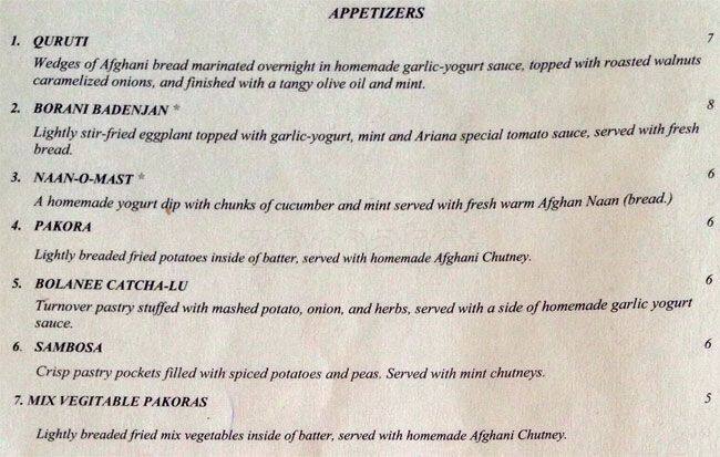 Ariana Authentic Afghan Cuisine Menu - Urbanspoon/Zomato