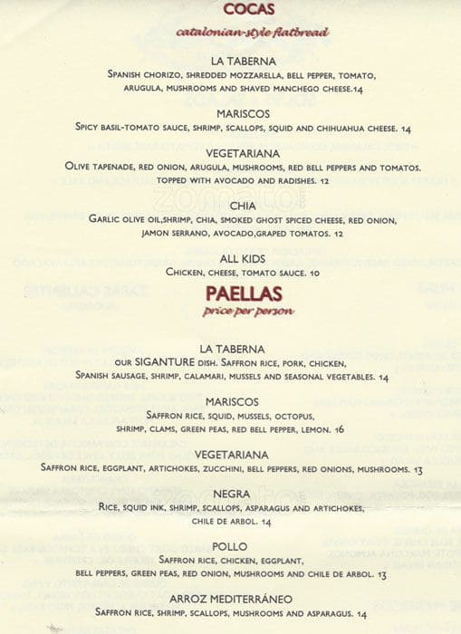 Menu at La Taberna Tapas on Maxwell pub & bar, Chicago